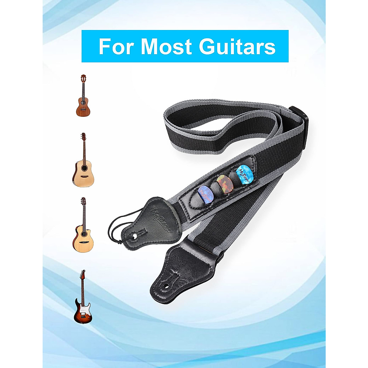 Mr.Power Guitar Strap 36.6in - 65in with 3 Pick Holders for Electric/Acoustic (Nylon Strap with Accessories)