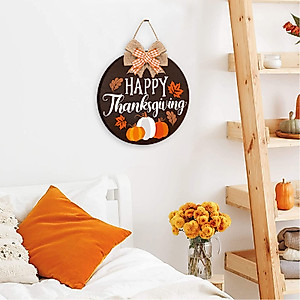 Happy Thanksgiving Wooden Front Door Sign Fall Holiday Rustic Natural Wood Round Door Hanger with Orange Buffalo Plaid Bow Wall Art with Pumpkins Autumn Leaves Decoration Ideas 12 Inches