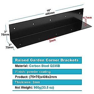 4Pcs 16 inch Black Raised Bed Garden Corner Brackets, Heavy Duty Steel Metal Corner Braces 90 Degree Right Angel L Bracket Fixing Repair Connector for Garden Vegetable Planter Box Wood Furniture