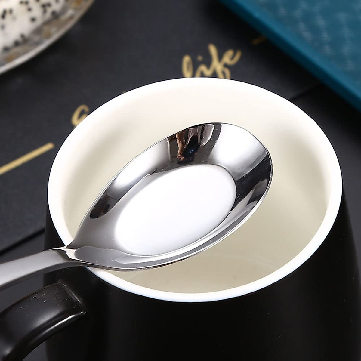5 PCS Soup Spoon,Stainless Steel Spoon, Mirror Finish Spoons,Kitchen Serving Spoons ,Dessert Spoon,Coffee spoon，Ice Cream Spoons for Soup Rice Tea Milk Coffee Dessert（Golden）