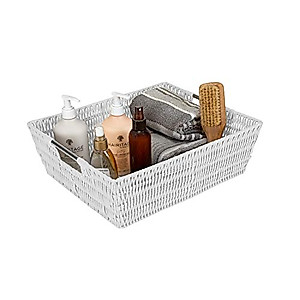 "Simplify 15"x13"x5" Shelf Storage Woven Handles, Nursery, Playroom, Toys, Bedroom, Closet, Clothes, Office, Decorative Organizer Basket Rattan Totes, Large, White" (25453-WHITE)