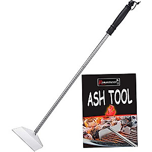 ROMANTICIST Heavy Duty Stainless Steel Ash Tool Rake with 24” Long Rubber Handle for Big Green Egg Kamado Joe and Other Charcoal Grills - Wood Burning Stove Charcoal Pellet Poker Grilling Accessories
