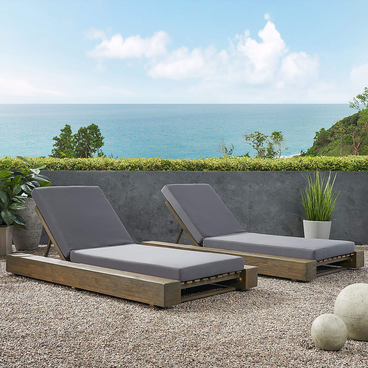 Great Deal Furniture Outdoor Acacia Wood Chaise Lounge and Cushion Sets (Set of 2), Gray and Dark Gray