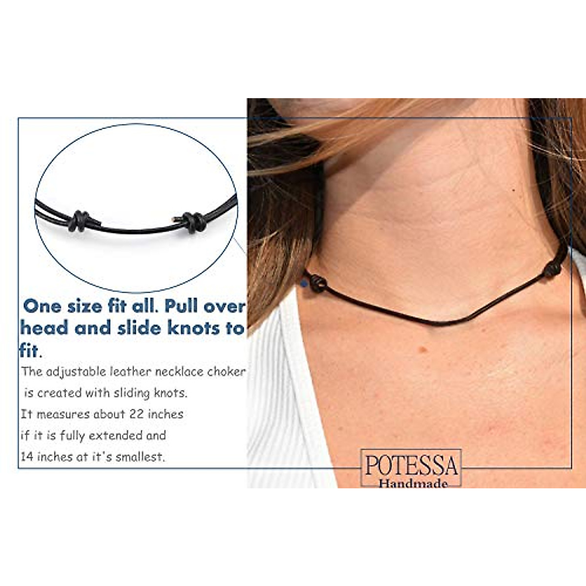 POTESSA Black Leather Cord Choker Necklace Double Knotted Adjustable Necklace Minimalist Jewelry for Women Men Unisex