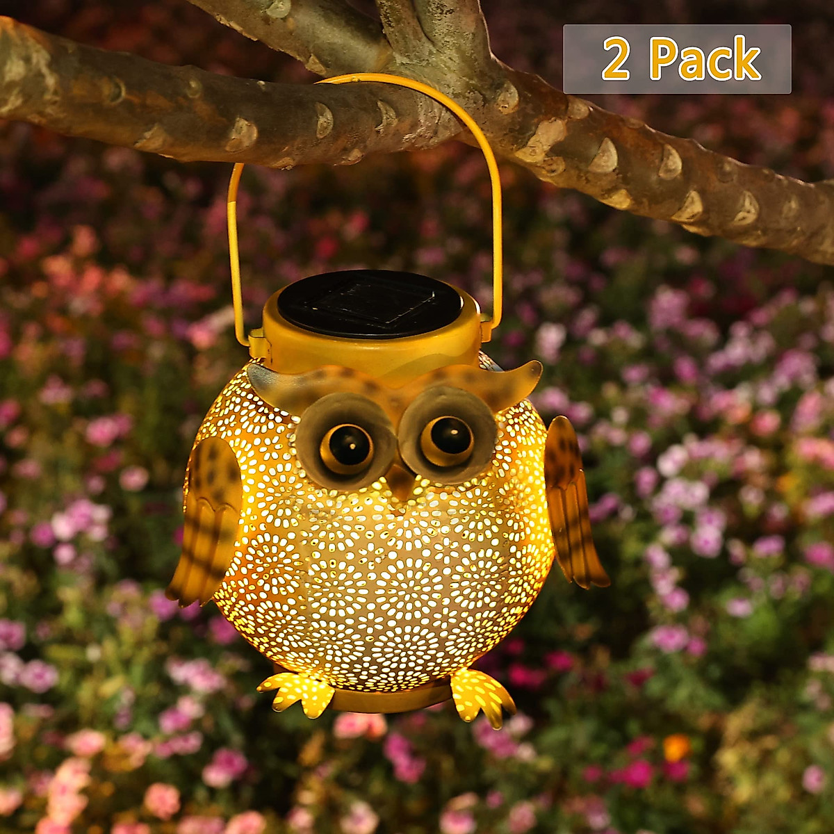 2 Packs Solar Lantern - Outdoor Hanging Lights Green Decorative Garden Lights Waterproof Metal Lanterns for Yard Table Patio Lawn