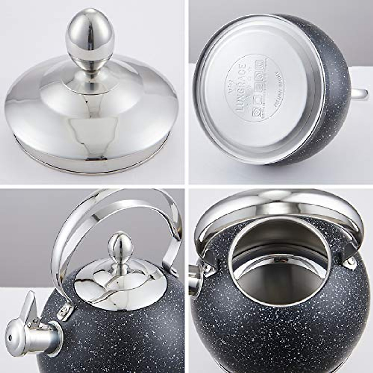 Creative Home 2.5 Qt. Stainless Steel Whistling Tea Kettle Teapot with Aluminum Capsulated Bottom for Fast Boiling Heat Water, for Induction Stove Top, Opaque Black with Speckle