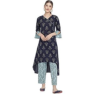 Yash Gallery Women's Cotton Floral Print A-line Kurta Pant Set (Blue)