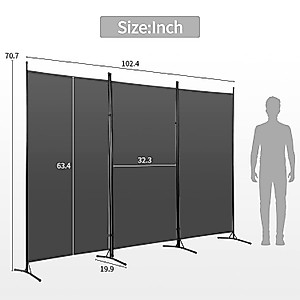 Room Divider 3 Panel Folding Privacy Screen 5.9FT Partition Room Separators with Metal Frame Portable Freestanding Room Dividers Indoor Wall Dividers for Studio Office, Dining Room, Grey