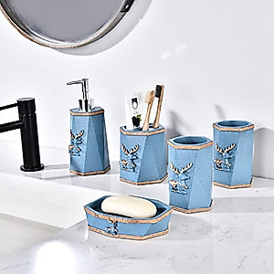 Mekoly Bathroom Accessories Set 5 Pcs,Blue Bathroom Sets Accessories,Reindeer Christmas Decoration Bathroom Vanity Set Counter Bathroom Soap Dispenser Set with Soap Dispenser,Toothbrush Holder,Tumbler