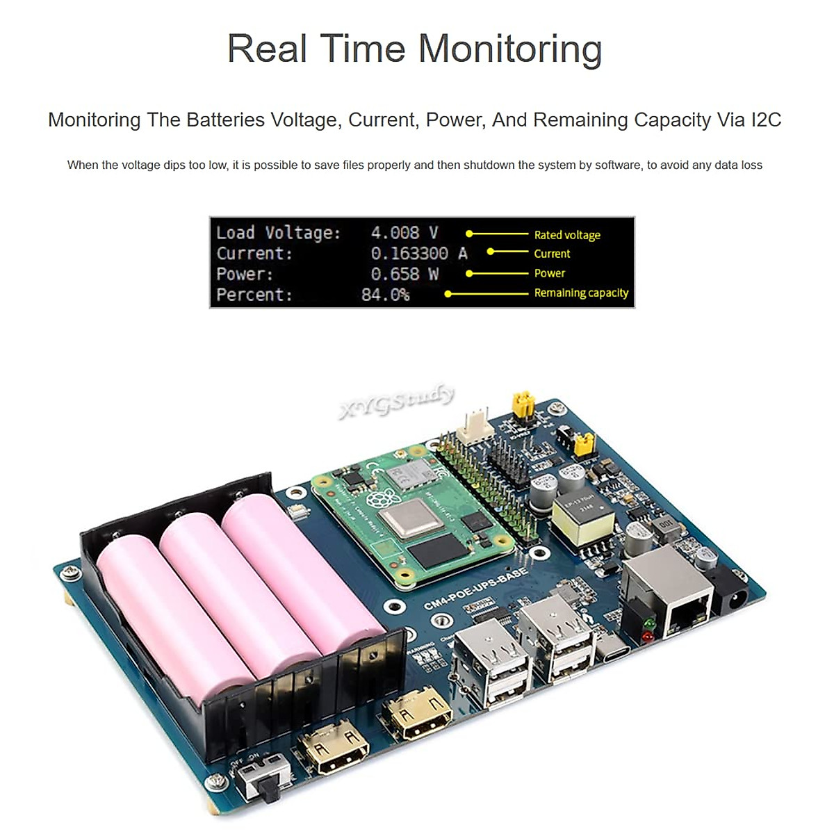 Mini-Computer PoE UPS Uninterruptible Power Supply Base Board Designed for Raspberry Pi Compute Module 4 with Gigabit Ethernet Dual HDMI Quad USB2.0 @XYGStudy (CM4-POE-UPS-BOX)
