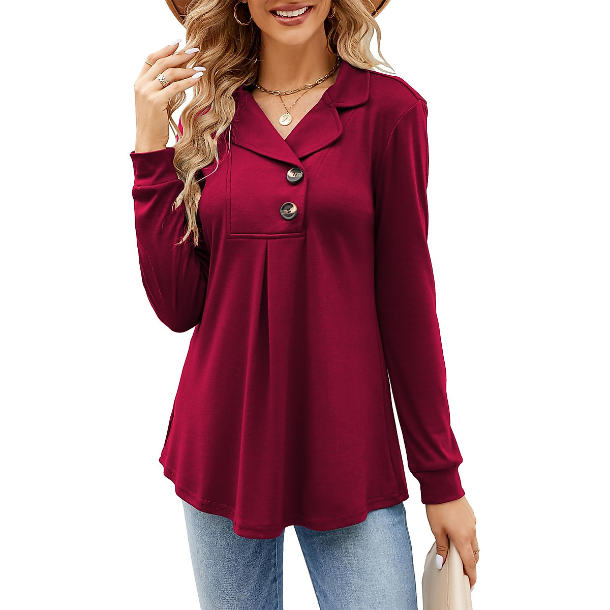 Newchoice Women Fall Long Sleeve Shirts Tops，Casual Winter Clothing Collar V Neck Tunics Or Tops To Wear With Leggings(Berry Red.M)