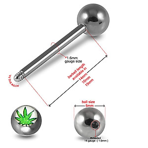 Green Pot Leaf MARIJUANA Logo Tongue Ring. 14Gx9/16(1.6x14mm) 316L Surgical Steel Barbell with 6/6mm Ball Tongue Piericng jewelry. Price per 1 Piece only.