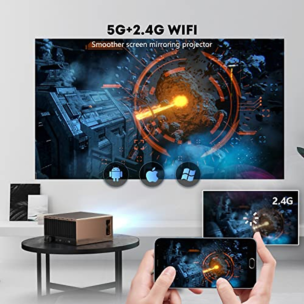 Projector with WiFi and Bluetooth, REPABOW Outdoor Projector 4K Movie Projector Native 1080P Projectors 5G WiFi Home Theater Projector for iOS/Android/Windows/TV Stick/HDMI/Phon/PC/ PS4/ PS5