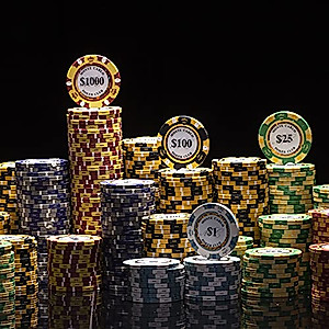 MBGBrybelly Monte Carlo Poker Chip Set Aluminum Carry Case - Casino Clay Composite 14-Gram Quality Poker Chips - with Dice, Playing Cards - Heavy-Duty Protection - Locking Portable Case (500 ct)