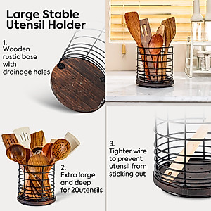 360°Rotating Utensil Holder for Kitchen Counter-6.5" Metal & Wooden Large Cooking Utensil Holder with Drainage Hole，Kitchen Utensil Storage Organizer for Countertops，Spatula Holder for Farmhouse Decor