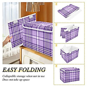Kigai Storage Basket Purple Square Plaid Storage Boxes with Lids and Handle, Large Storage Cube Bin Collapsible for Shelves Closet Bedroom Living Room, 16.5x12.6x11.8 In