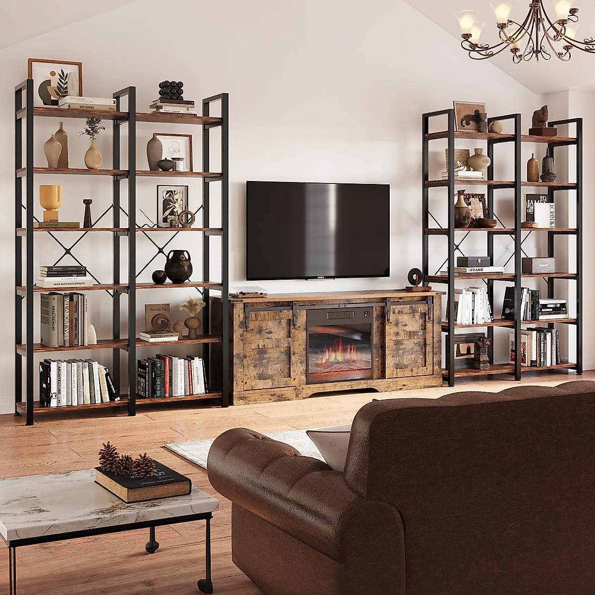 MXV Double Wide Book Shelf, Industrial Bookshelf with Metal Frame, Open Large Book Shelf, Wood and Tall Display Shelves for Home and Office, 6-Tier, Rustic Brown and Black