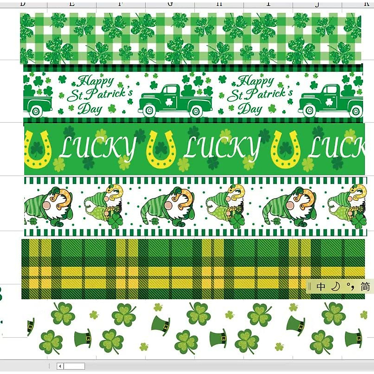 6 Rolls 30 Yards St. Patrick's Day Wired Edge Ribbon Green Buffalo Plaid Ribbon Shamrock Burlap Ribbon Green Hat Wrapping Ribbon for Wrapping Wreath Party Decoration DIY Craft Supplies (White/Green)