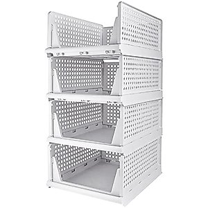 Mupera Stackable Plastic Storage Basket - Upgraded Large White Folding Storage Bins, Plastic Push-pull Clothes Organizer Shelf, Collapsible Storage Organizer for Wardrobe Bathroom Kitchen (4 Pack)