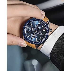 BY BENYAR Mens Analog Quartz Chronograph Waterproof Luminous Leather Watch Business, Work, Sport, Casual, Fashion - Elegant Gift for Men