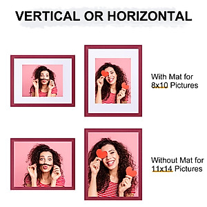 Vittanly 11x14 Picture Frame, Engineered Wood with Shatter Resistant Plexiglass, Display Pictures 8x10 with Mat or 11x14 without Mat, Poster Frame for Wall or Table Top Display, Red, 1 Pack