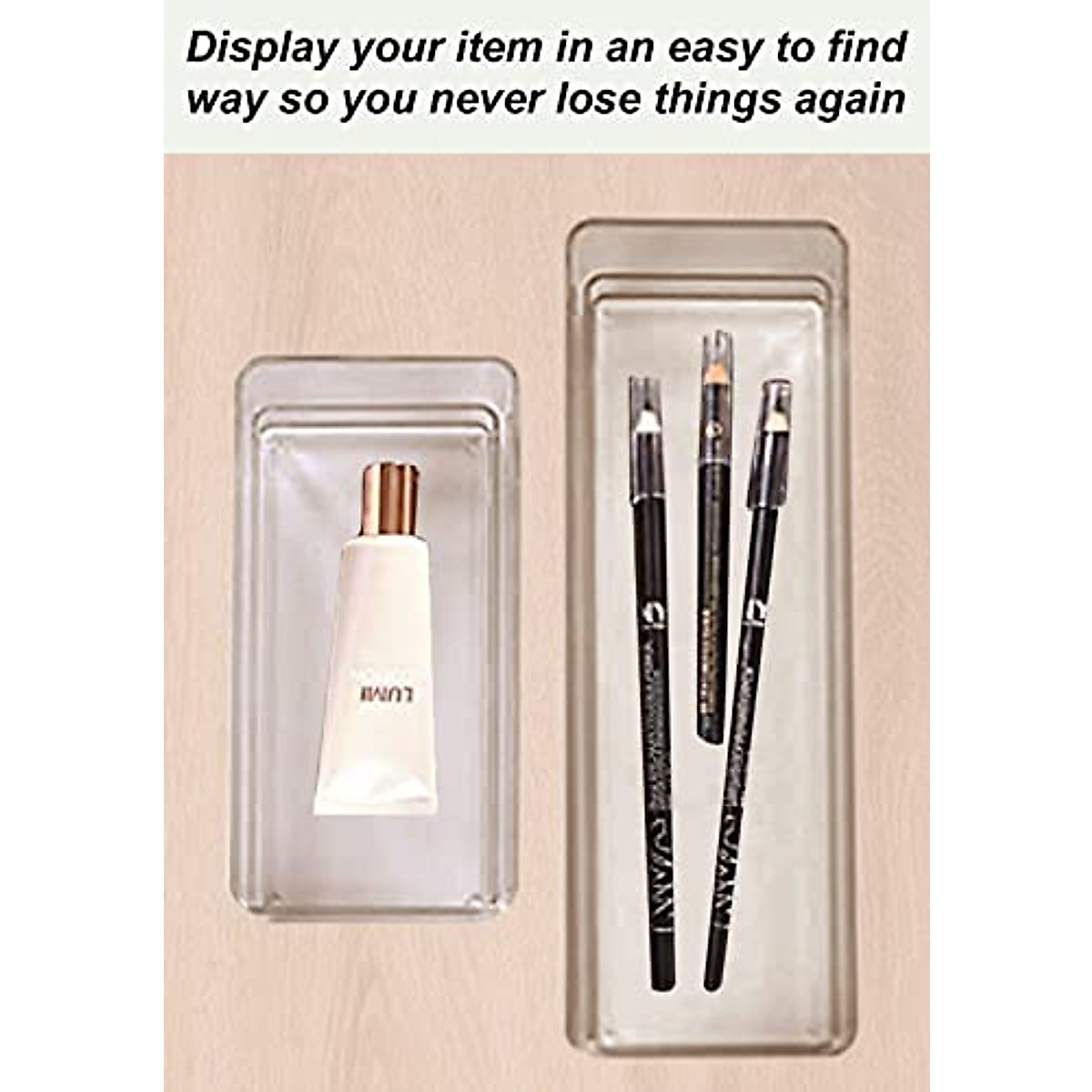 LilGift ARAD 2 Pieces Clear Vanity & Drawer Organizer, Acrylic Organizer, Drawer Divider, Makeup Bathroom Organizer, Kitchen Utensils