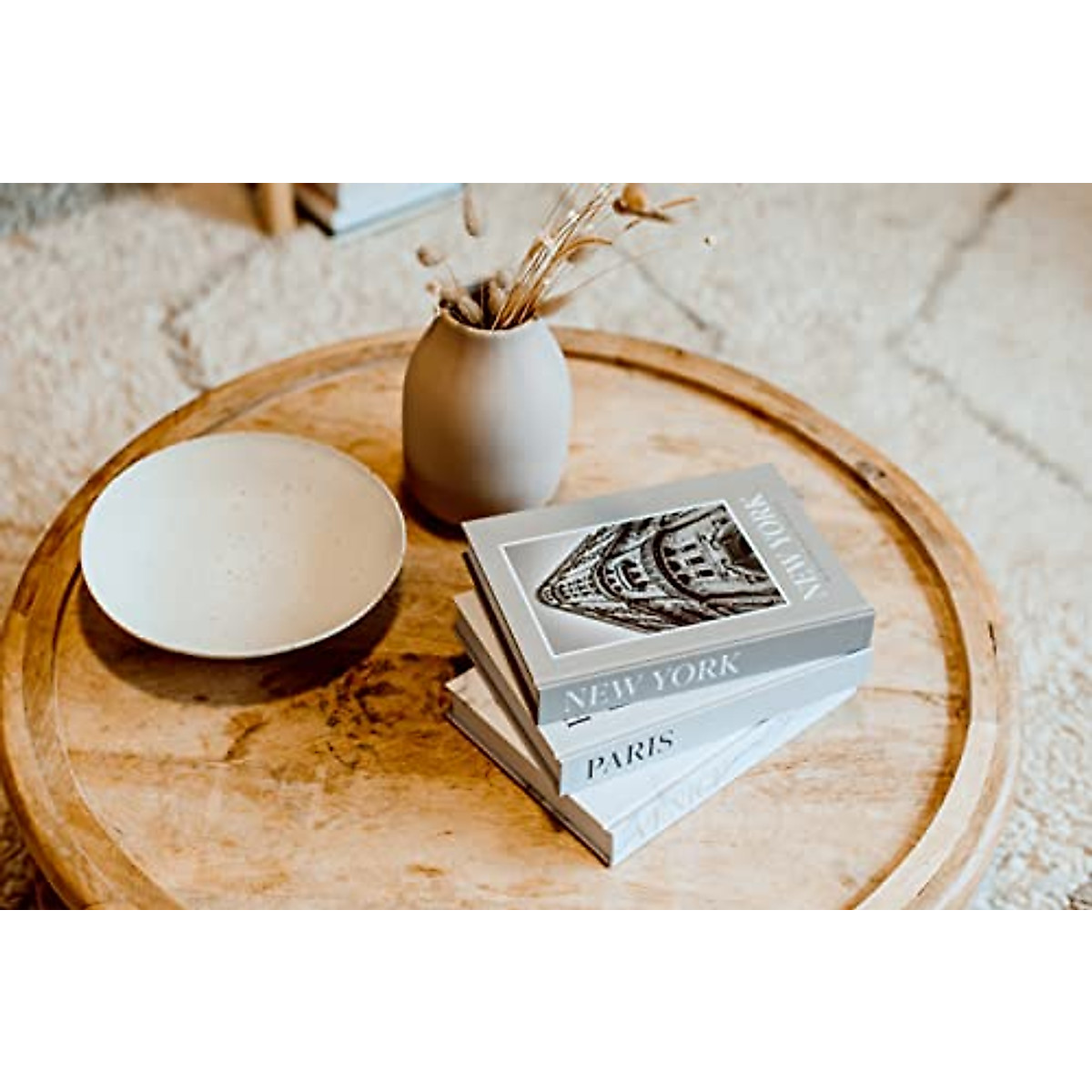 Dual Display Large Premium Decorative Books with Blank Pages, Removable Dust Covers, Wooden Bead Garland and Twine - Set of 3 (Grey) - Neutral and Modern Decorative Book Stack for Home Decor - Fashion Designer Display Books, Faux Books - for Decoration, B