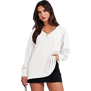 ANRABESS Women Long Sleeve Fall Shirt V Neck Off Shoulder Sweatshirt Ribbed Knit Pullover Sweater Loose Fit High Low Tunic Tops 2023 Trendy Clothes A1069baise-M White