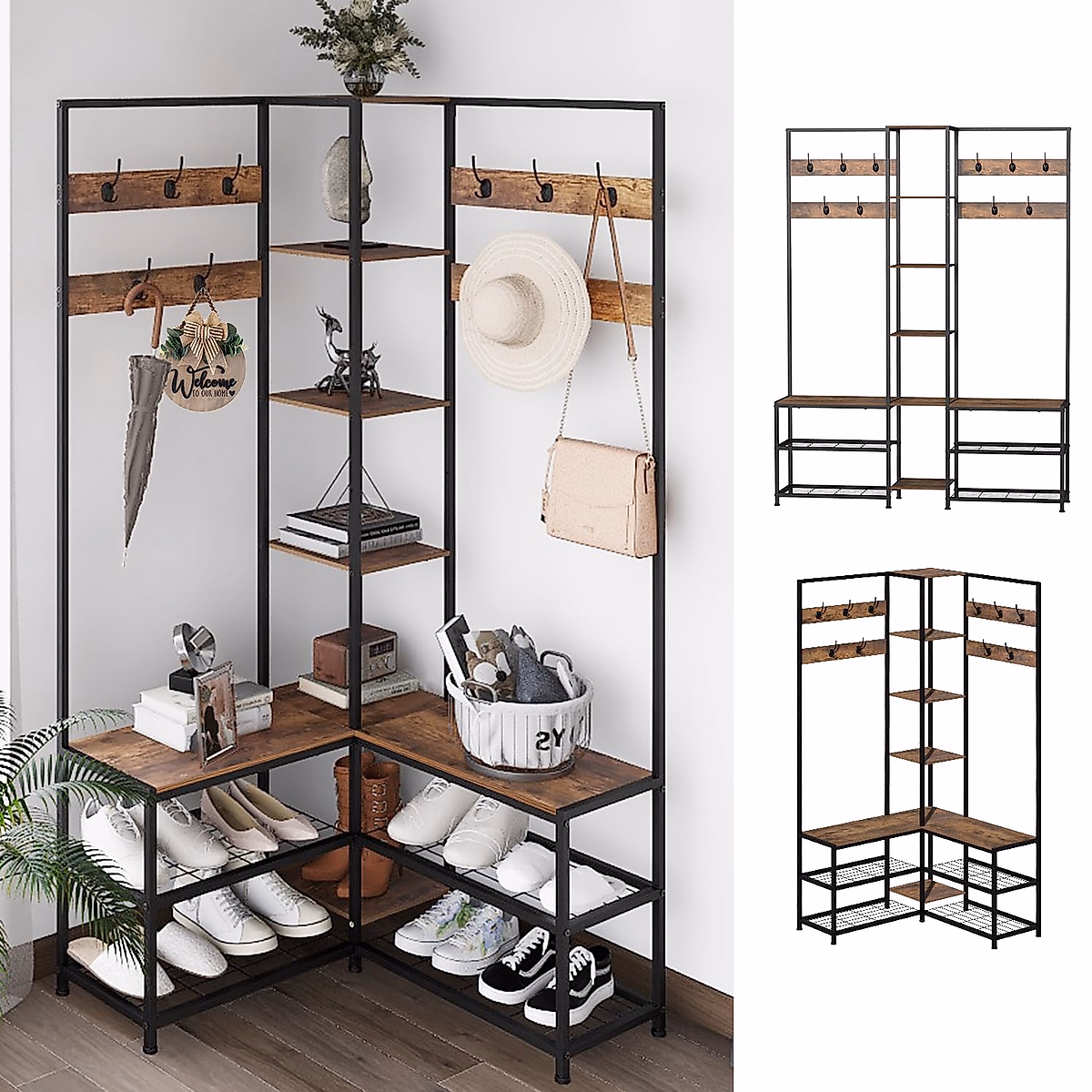 GiftGo Corner Hall Tree with Shoe Rack Storage Bench Display Open Shelves Modern Industrial Entryway Coat Rack Stand for Home Living Room Mudroom Bedroom Multifunctional 5 in 1 (Rustic Brown)