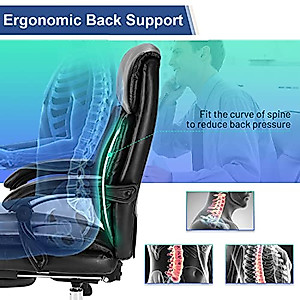 ZUNMOS Executive Office Ergonomic Big and Tall Leather Swivel Rolling Managerial Computer Desk Task, Adjustable High Back Recliner Chair with Padded Armrests and Retractable Footrest, Black