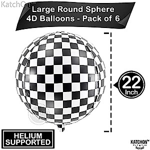 KatchOn, Black and White Checkered Balloons - 22 Inch, Pack of 6 | 4D Checker Balloons, Checkered Flag Balloons, Race Car Balloons | Checkered Flag Party Supplies, Race Car Birthday Party Supplies