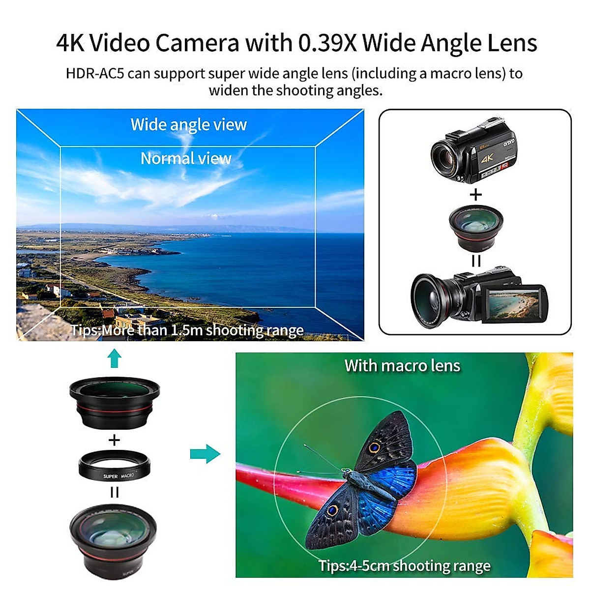 ORDRO 4K Video Camera Camcorder AC5 UHD Camcorder with 12x Optical Zoom 3.1" IPS HD 1080P 60FPS Digital WiFi Vlog Camera Camcorder with Microphone, Video Light, Wide Angle Lens and 64G SD Card