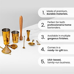 A Bar Above 14-Piece Professional Bartender Gift Set - Premium Barware Accessories for Home Bar - Bartending Gift Kit Includes Shaker, Jigger, Strainers & More - Valentines Day Gifts for Him & Her