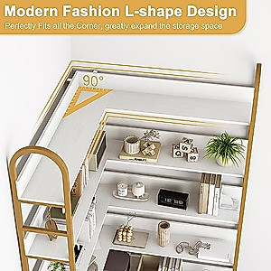 5-Tier Gold Bookcase, L-Shape Corner Bookshelf White & Gold, Modern Display Shelf Book Shelves with Adjustable Foot, Freestanding Storage Shelves for Home Office Use