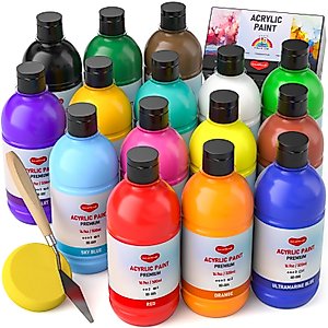 Smallbudi 15 Colors Large Acrylic Paint Set (16.9 oz,500 ml), Bulk Acrylic Paint Non-Toxic Art Painting Supplies on Multi Surface Canvas Wood Craft Fabric Rock for Artist Beginner with Color Wheel