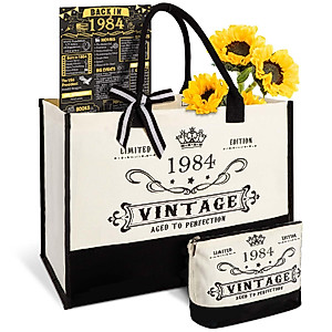 40th Birthday Gifts for Women Canvas Tote Bag Travel Gear, Unique 40 Years Old Birthday Gifts for Mom Wife Aunt Friends Her Turning 40, Vintage 1984 Beach Bag & Cosmetic Bag & Back in 1984 Poster