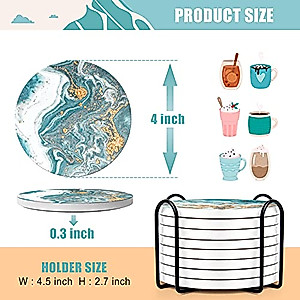 Teivio Round Drink Coasters Set of 8, Blue Marble Absorbent Stone Coaster Set, Cork Base, with Holder, Decorative Cup Coasters for Housewarming