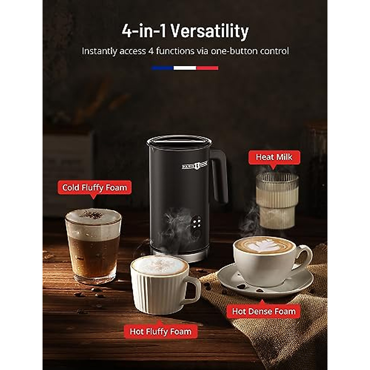 Milk Frother and Steamer, Paris Rhône Electric Milk Frother 300ML, 4 in 1 Hot & Cold Foam Maker for Latte, Cappuccino, Coffee, Hot Milk, Macchiato, Milk Warmer, BLack