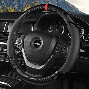 KAFEEK Car Steering Wheel Cover Men,Universal 15 inch, Microfiber Leather Carbon Fiber Black Steering Wheel Accessories, Anti-Slip, Odorless, Breathable, Black