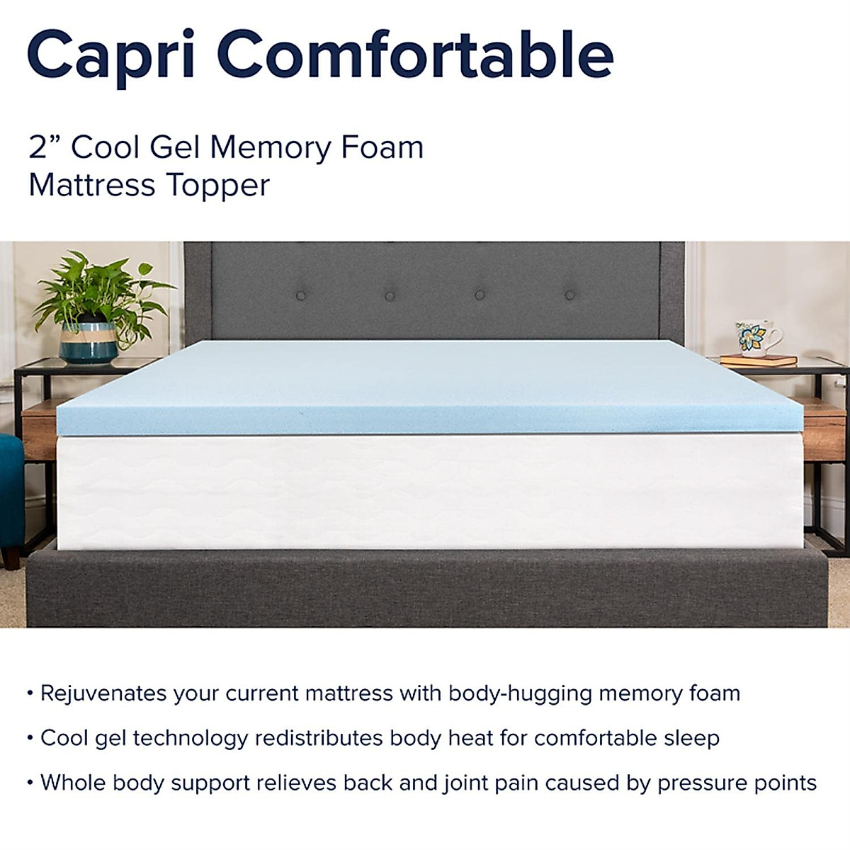 Flash Furniture Capri Comfortable Sleep 2 inch Cool Gel Mattress Topper, CertiPUR-US Certified Memory Foam, Queen