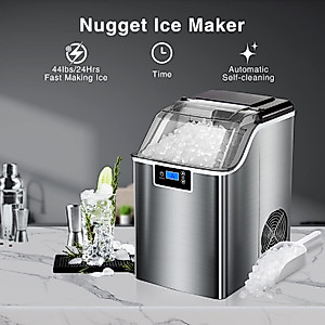 R.W.FLAME Nugget Ice Maker Countertop, Pebble/Pellet Ice Maker，Ice Ready in 10-15 Mins, 44Lbs/24H, Auto Self-Cleaning, with LCD Screen for Home Office Party Bar,Silver
