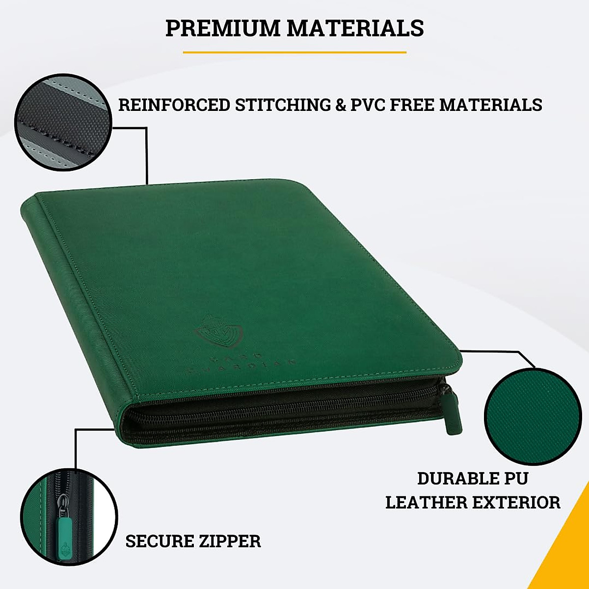 Card Guardian - 9 Pocket Premium Binder with Zipper for 360 Cards Trading Card Games TCG (Green) Side Loaded Pockets Compatible with Yugioh Cards MTG Binder Sports Card Binder