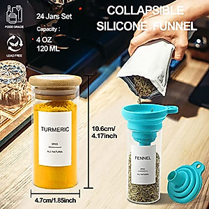 AISIPRIN 24 Pcs Glass Spice Jars with Bamboo Airtight Lids and 403 Labels - 4oz Small Storage Containers,Salt and Pepper Shakers for Kitchen, Seasoning, Herb - Funnel and Marker Included