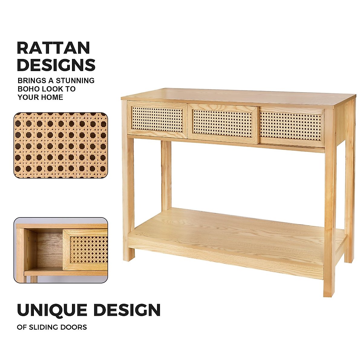 Long Console Table, Console Tables for Entryway, Rattan Entry Table Narrow Wood Console Table with Storage, Modern Couch Table Hallway Table Boho Sofa Table for Living Room