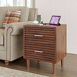 Alohappy Night Stand with Charging Station Set of 2, Bedside Table with 2 Drawers, Mid Century Modern End Table, Bed Side Table with USB Ports and Outlets, Nightstand for Bedroom, Brown 2pcs