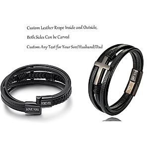 Personalized Cross Leather Bracelets for Sons -To My Son Bracelet from Mom Love You Forever -Mens Leather Bracelets Braided with Cross Christian Jewelry for Boyfriend Husband Son for Birthday Baptism Christmas Gift 7.4"/8.2"/9" (Silver)