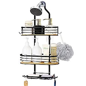 Fogein Shower Caddy Over Shower Head, Hanging Shower Caddy, Shower Basket with Suction Cup, Bathroom Shower Caddy Over The Door with Bamboo Board Hook & Soap Box, No Drilling(3 Tier, Black)