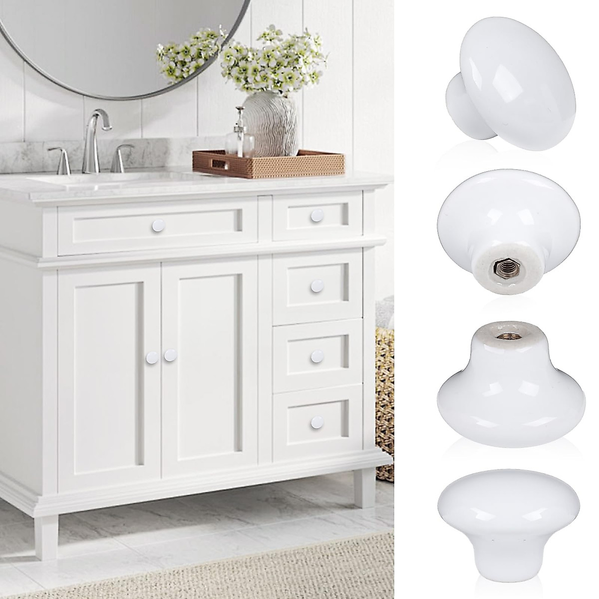 OctinPris 4X White Door Knob Cabinet Retro Round Ceramic Drawer Cupboard Kitchen Dresser Pull Handle Knobs 32mm/1.25" with 3-Sized Screws