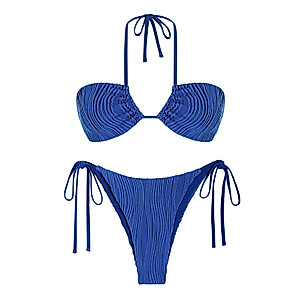 ZAFUL Women's Bandeau Bikini Set Tie Side Swimwear O Ring Cinched Strapless Swimsuit Halter Two Piece Bathing Suit