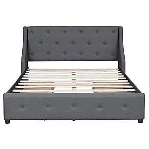 Merax Modern Queen Upholstered Platform Bed Frame with 4 Storage Drawers/No Box Spring Needed/Easy Assembly, Gray